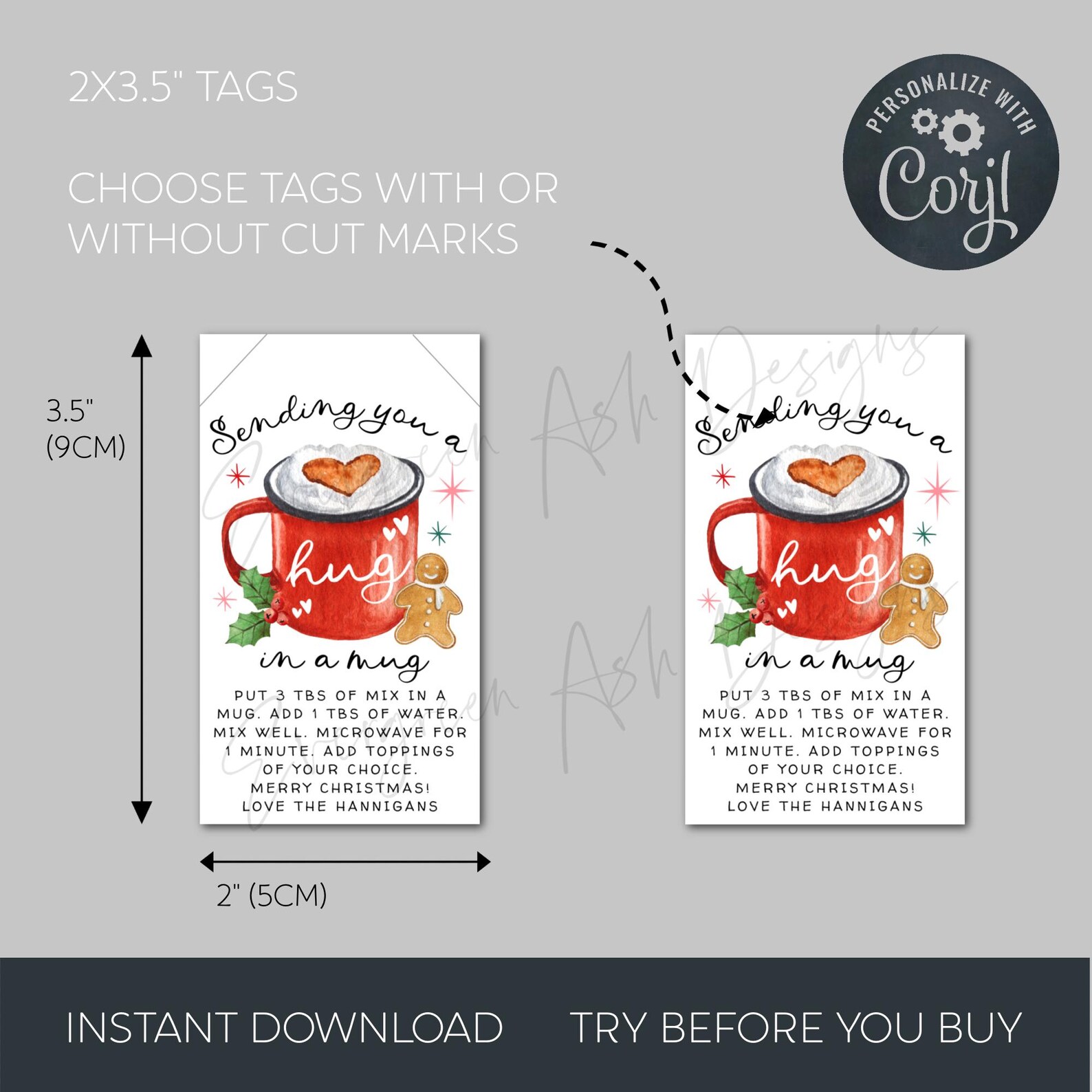 Christmas Hug in A Mug Gift Tag Template, Printable Holiday Mug Cake ...