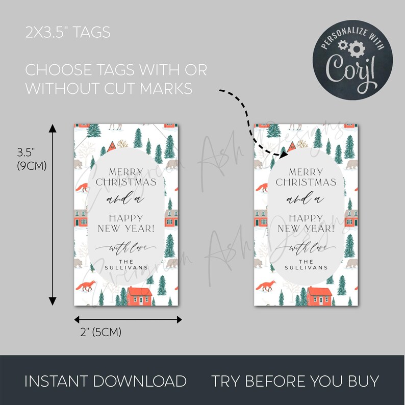 Winter Christmas Favor Tag Template, Printable Holiday Snow Foxes Gift ...
