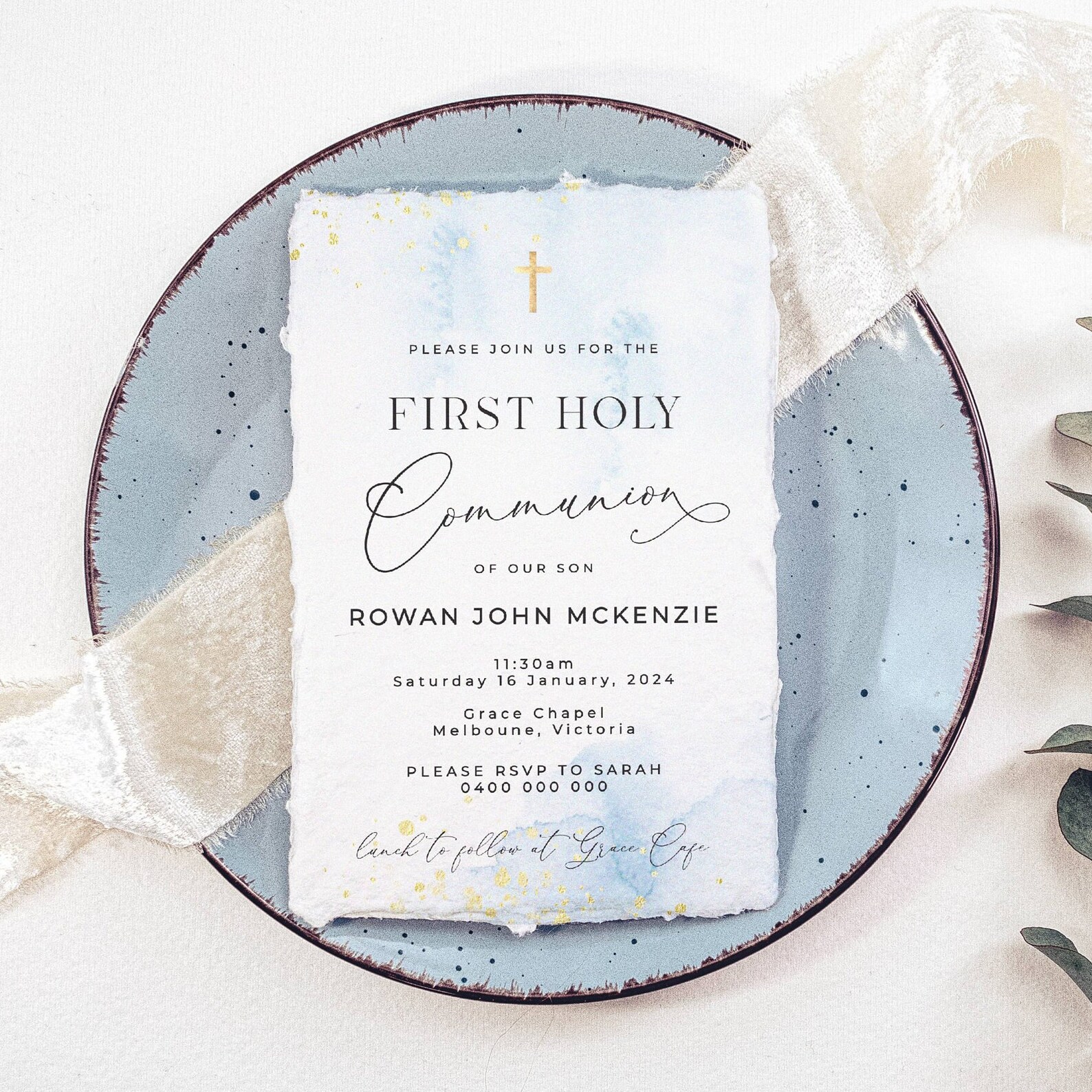 Editable Blue & Gold First Holy Communion Invitation Template ...