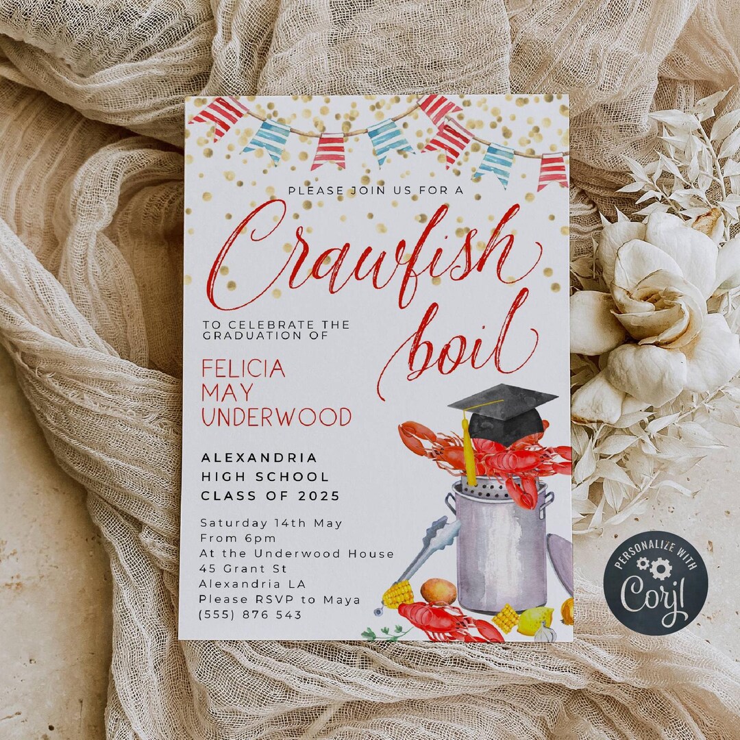 Graduation Party Crawfish Boil Invitation Template, Printable Crawgrad ...