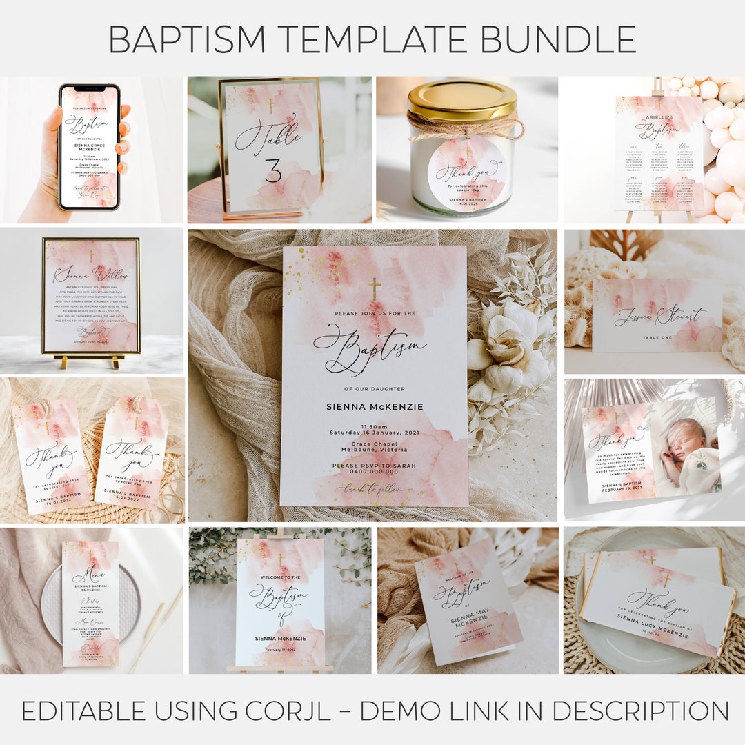 Blush Pink & Gold Baptism Template Bundle, Printable Rose Watercolor ...