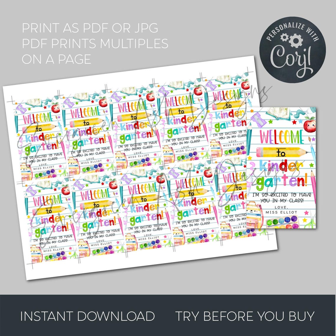 Welcome to Kindergarten Gift Tag Template, Printable First Day of ...
