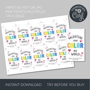 Rainbow Valentine's Day Gift Tag Template, Printable You Color My World ...