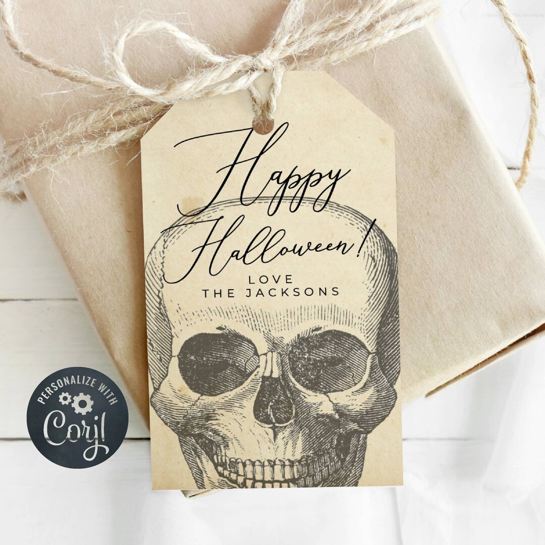 Vintage Skull Halloween Gift Tag Template, Editable Classic Spooky ...