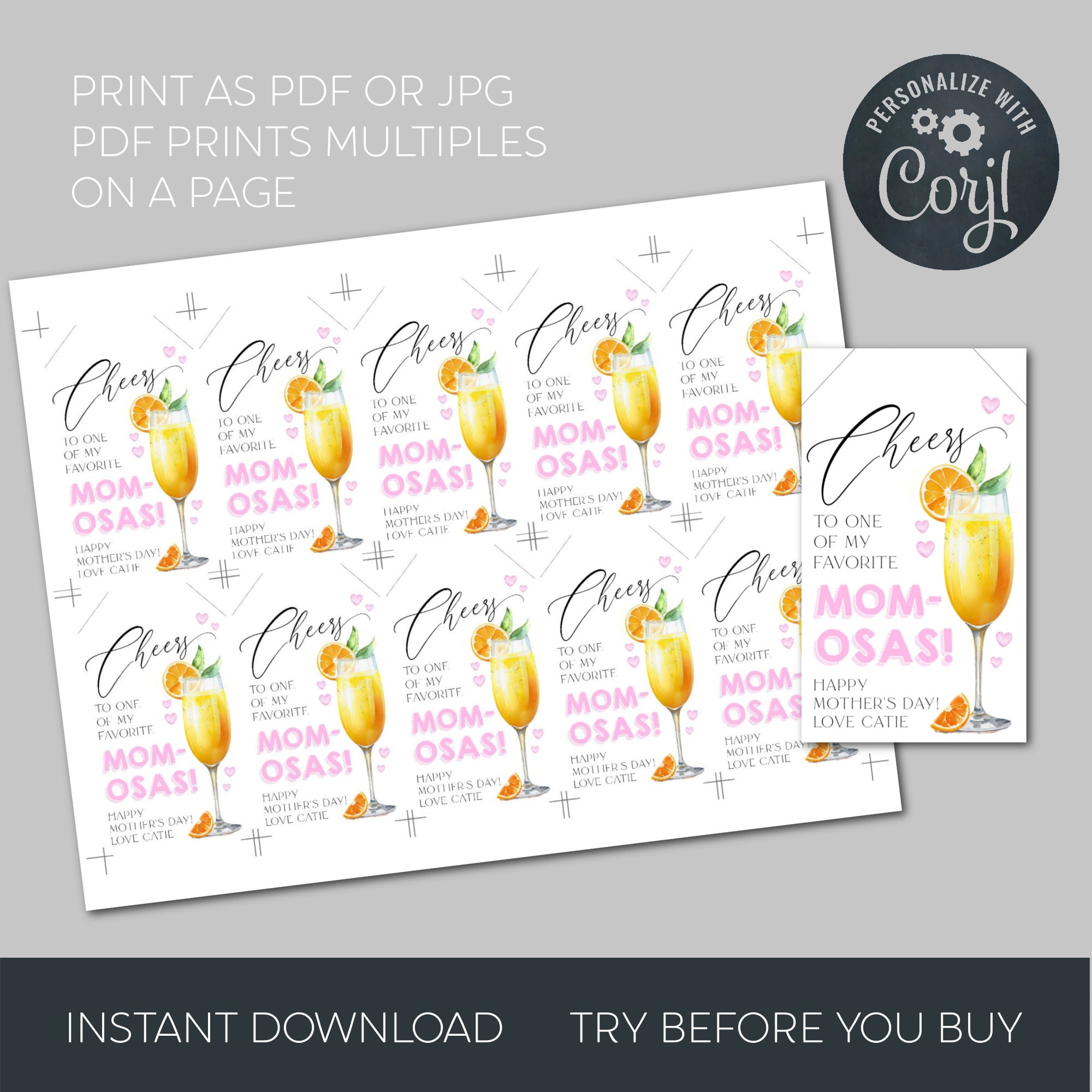 Mimosa Mother's Day Gift Tag Template, Printable Cheers to My Favorite ...