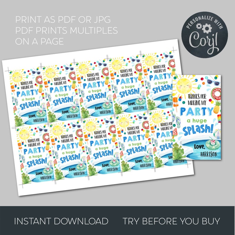 Pool Party Favor Tag Template Printable Summer Birthday Thank - Etsy