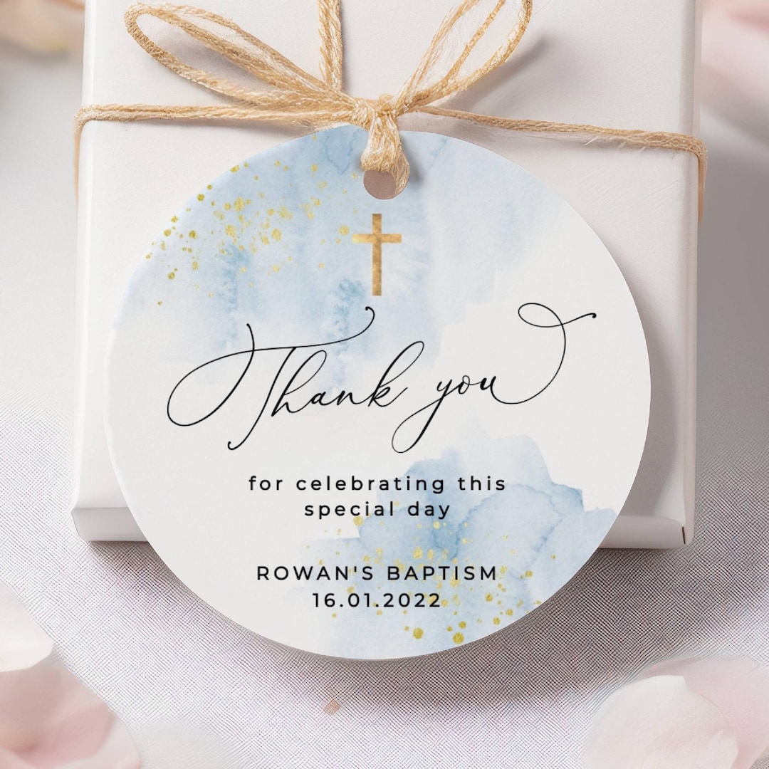 Round Blue & Gold Baptism Favor Tag Template, Printable Christening ...