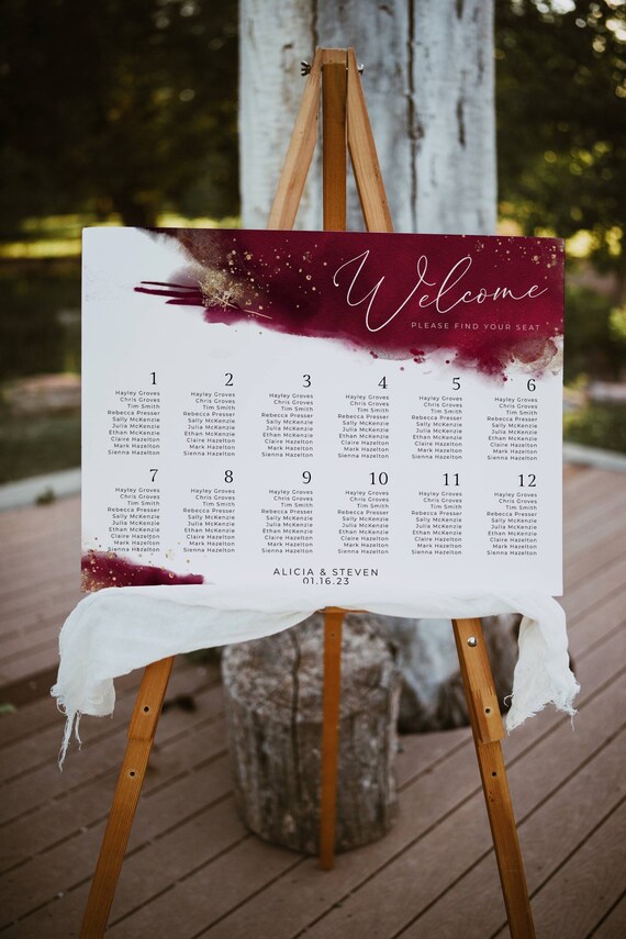 Burgundy Watercolor Seating Chart Template Printable Maroon & | Etsy