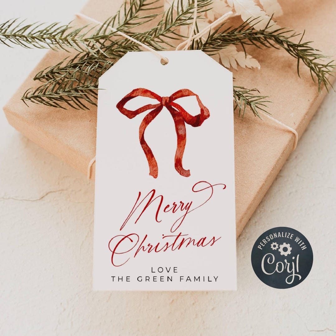 Red Ribbon Christmas Gift Tag Template, Printable Classic Bow Holiday ...