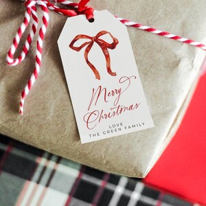 Red Ribbon Christmas Gift Tag Template, Printable Classic Bow Holiday ...