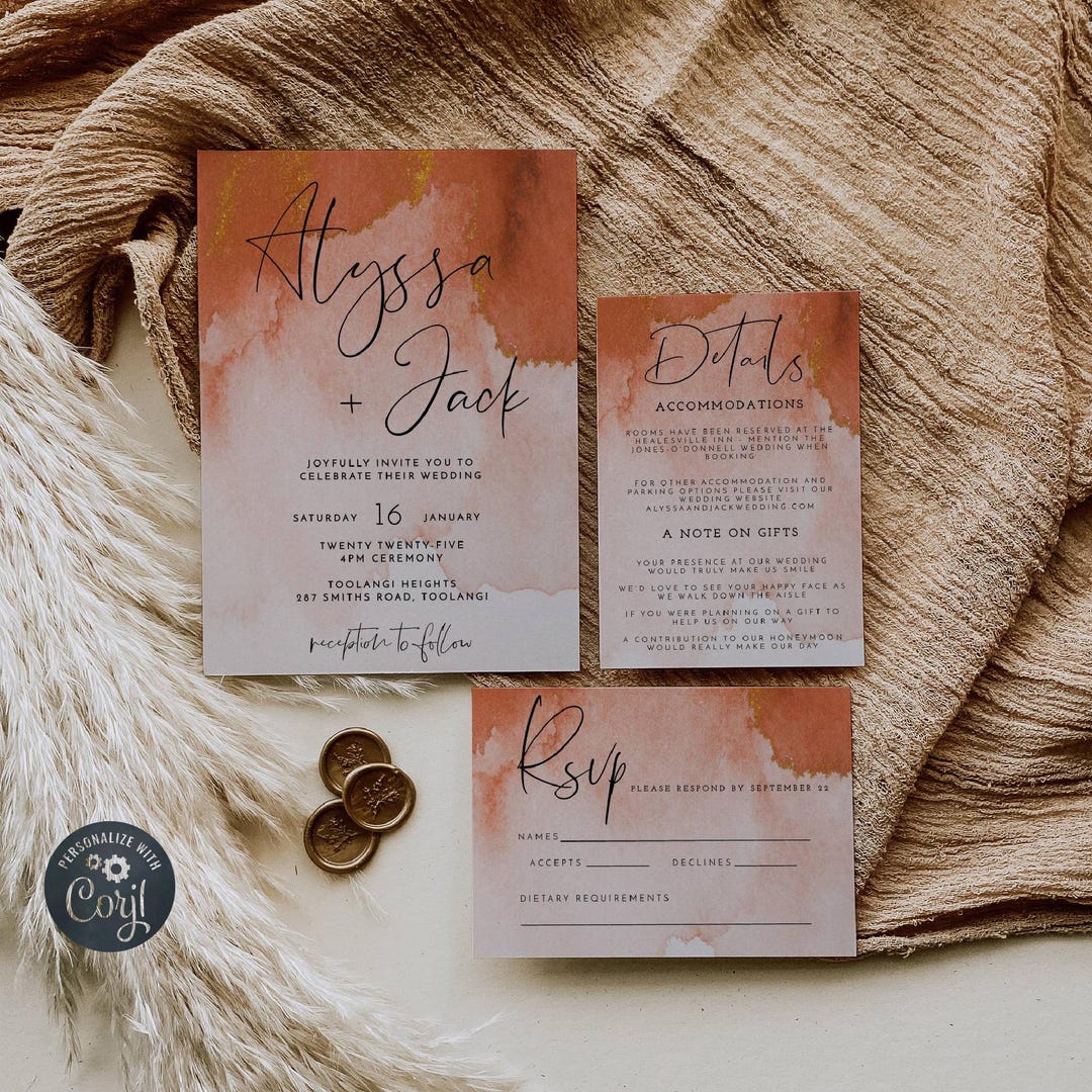 Rust & Gold Wedding Invitation Set Template, Printable Burnt Orange ...