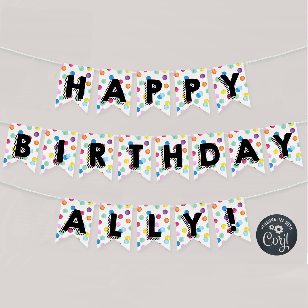 Confetti Happy Birthday Banner Printable, Editable Rainbow Spots ...