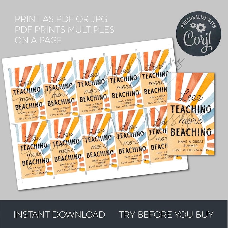 Summer Teacher Appreciation Gift Tag Template, Printable Less Teaching ...