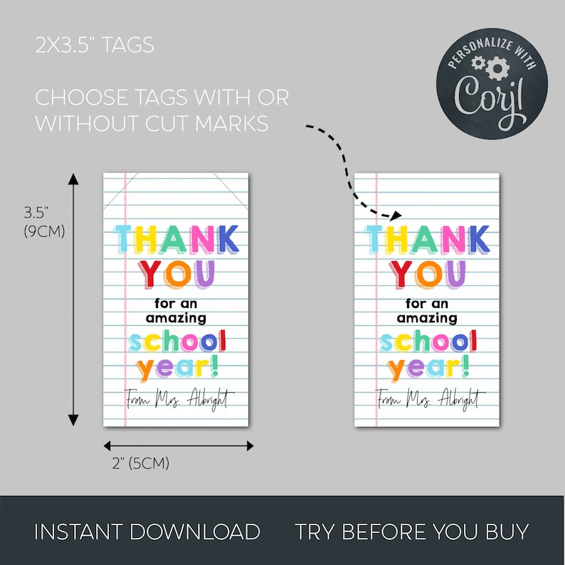 Thank You for A Great School Year Tag Template, Printable Teacher Staff ...