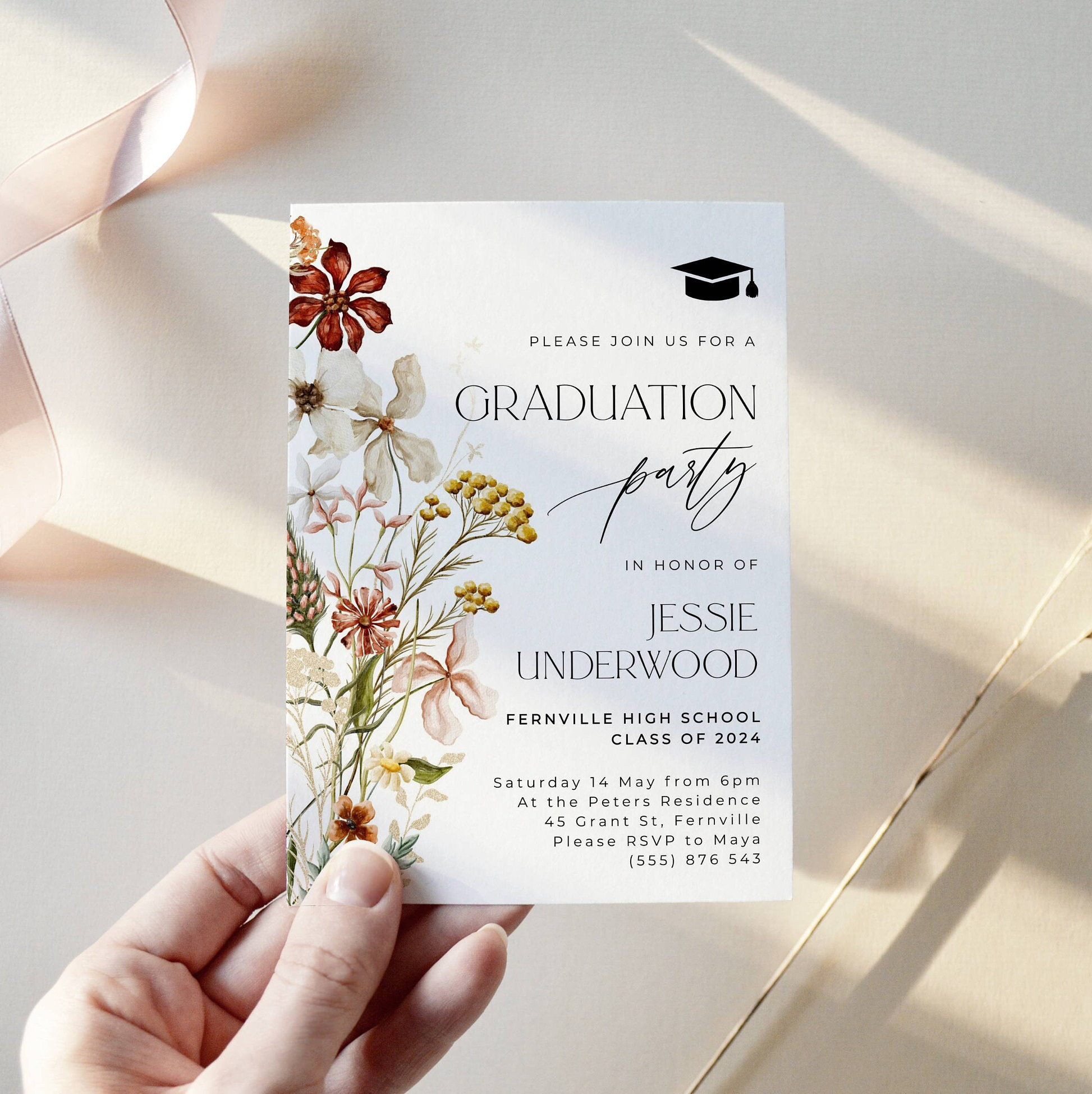 Boho Wildflowers Graduation Invitation Template, Printable Modern Photo ...
