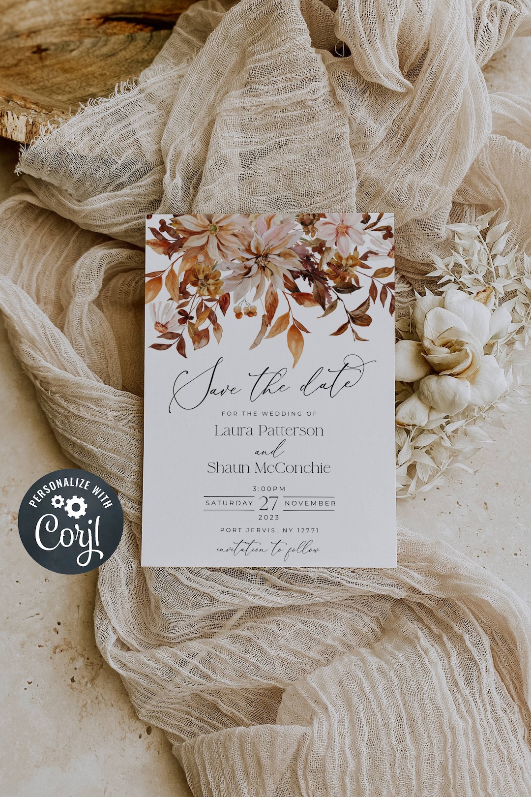 Boho Fall Save the Date Template, Printable Autumn Floral Wedding Save ...