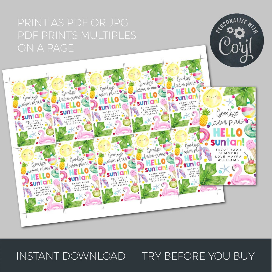 Goodbye Lesson Plans Hello Suntan Gift Tag Template, Printable Summer ...
