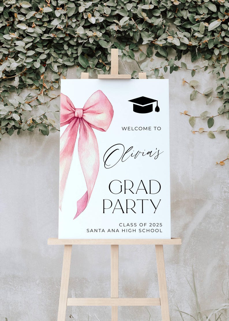 Pink Bow Graduation Party Welcome Sign Template, Printable Coquette ...