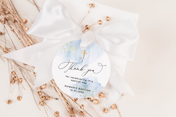 Round Blue & Gold Baptism Favor Tag Template Printable - Etsy