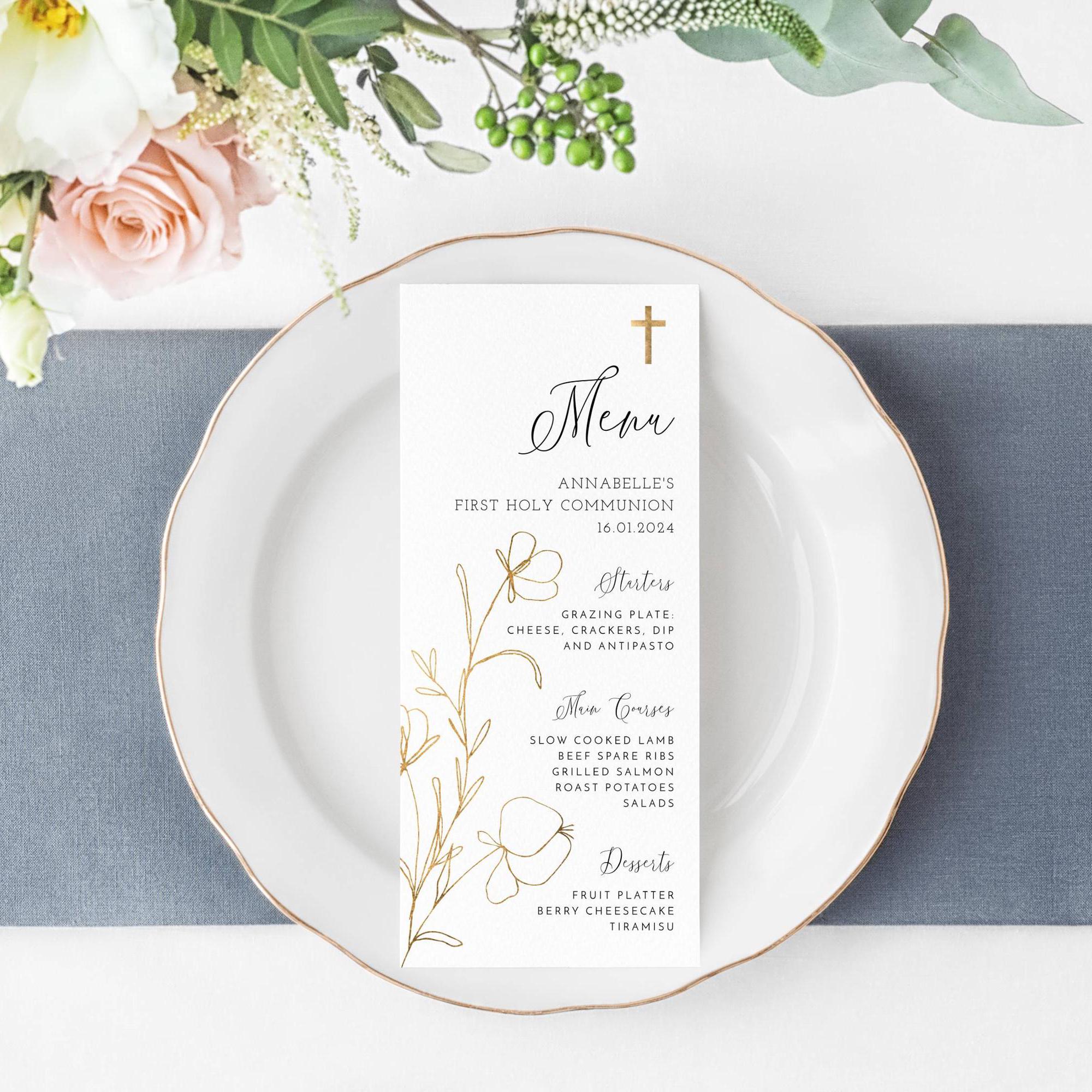 Gold Floral First Holy Communion Menu Template, Printable Religious ...