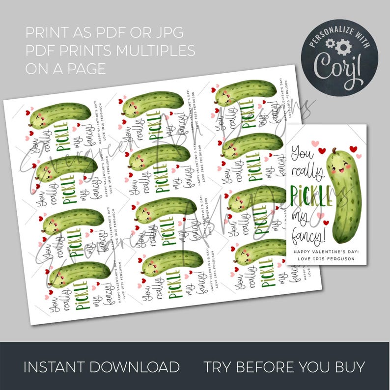 Pickle Valentine's Day Gift Tag Template, Printable You Pickle My Fancy ...