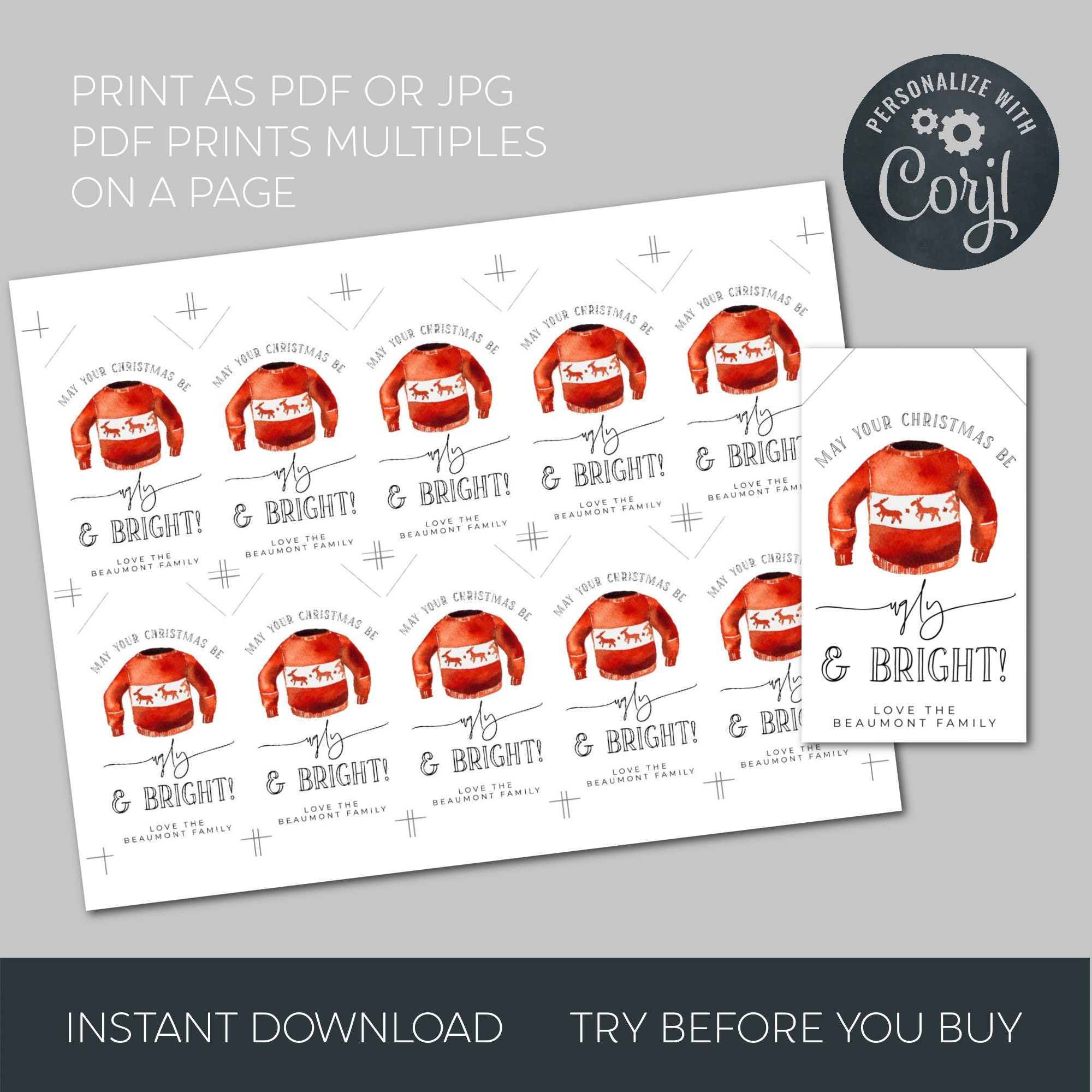 Christmas Ugly Sweater Gift Tag Template, Printable Ugly & Bright ...