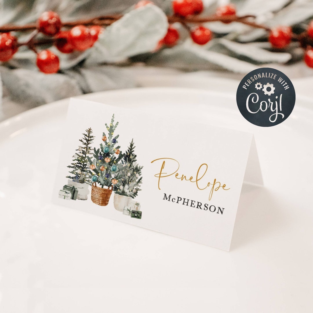 Christmas Trees Place Card Template, Printable Holiday Name Cards ...