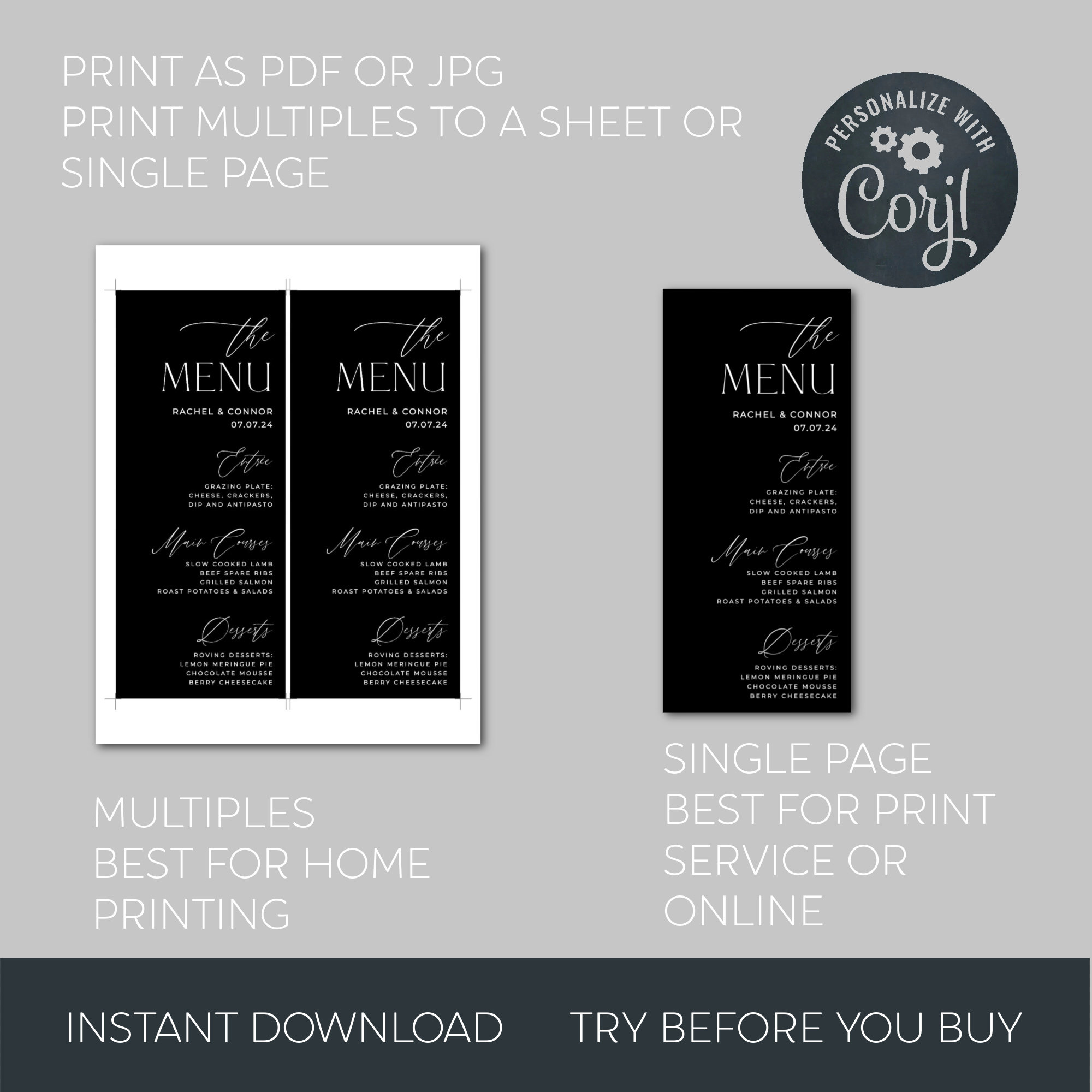 Black Menu Wedding Printable Templates