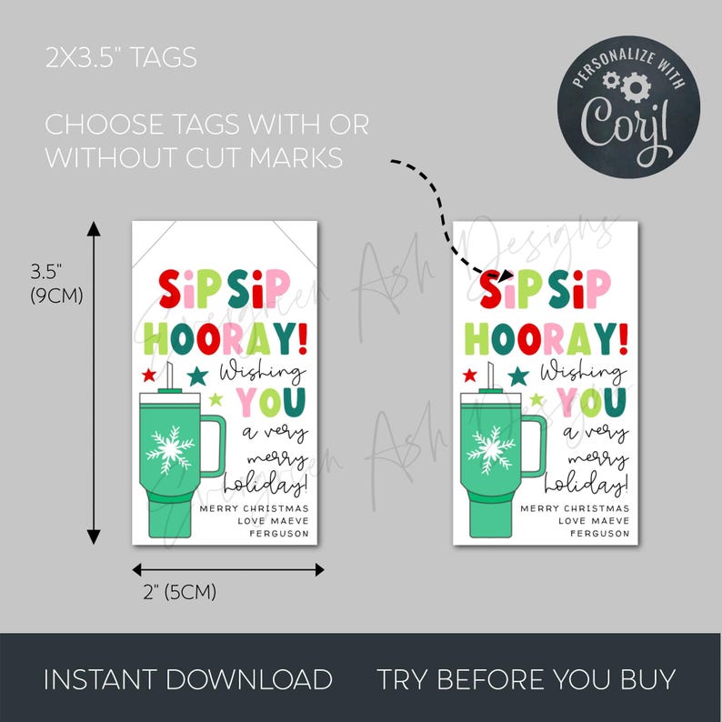 Christmas Tumbler Cup Gift Tag Template, Printable Sip Sip Hooray Merry ...