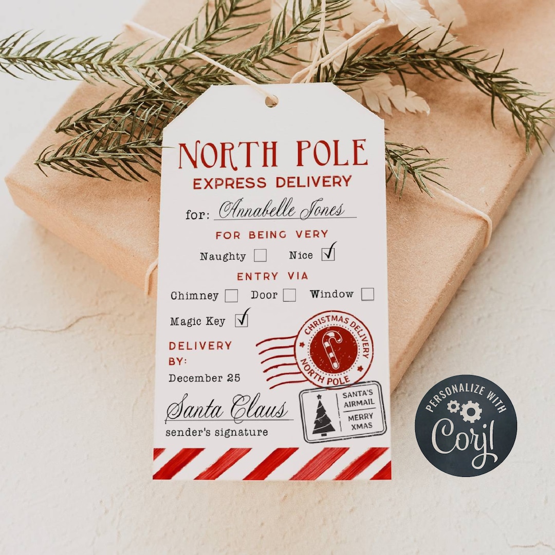 North Pole Express Delivery Christmas Tag Template, Editable Santa Gift ...