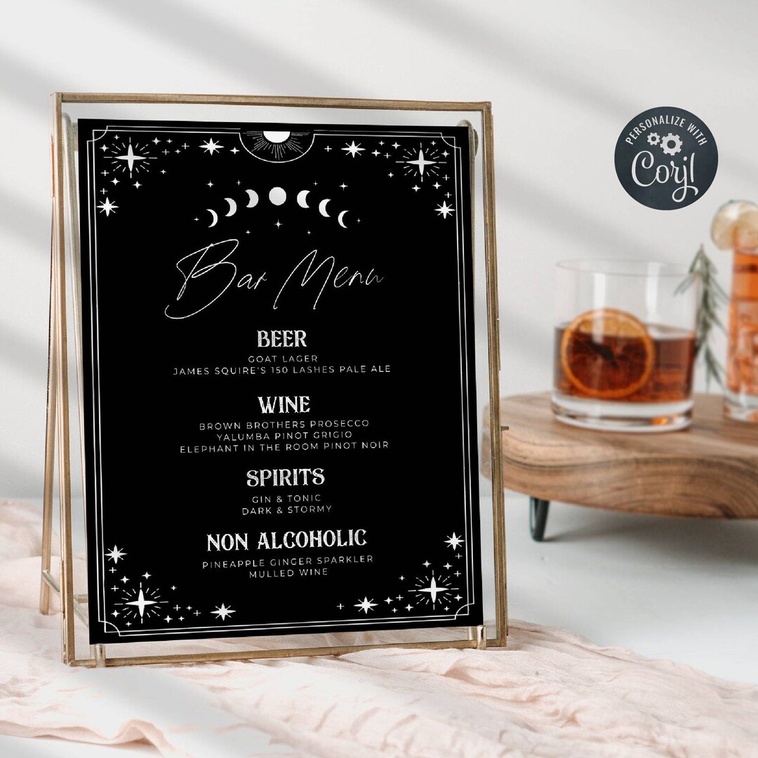 Tarot Card Wedding Bar Menu Template, Printable Gothic Halloween Moon ...