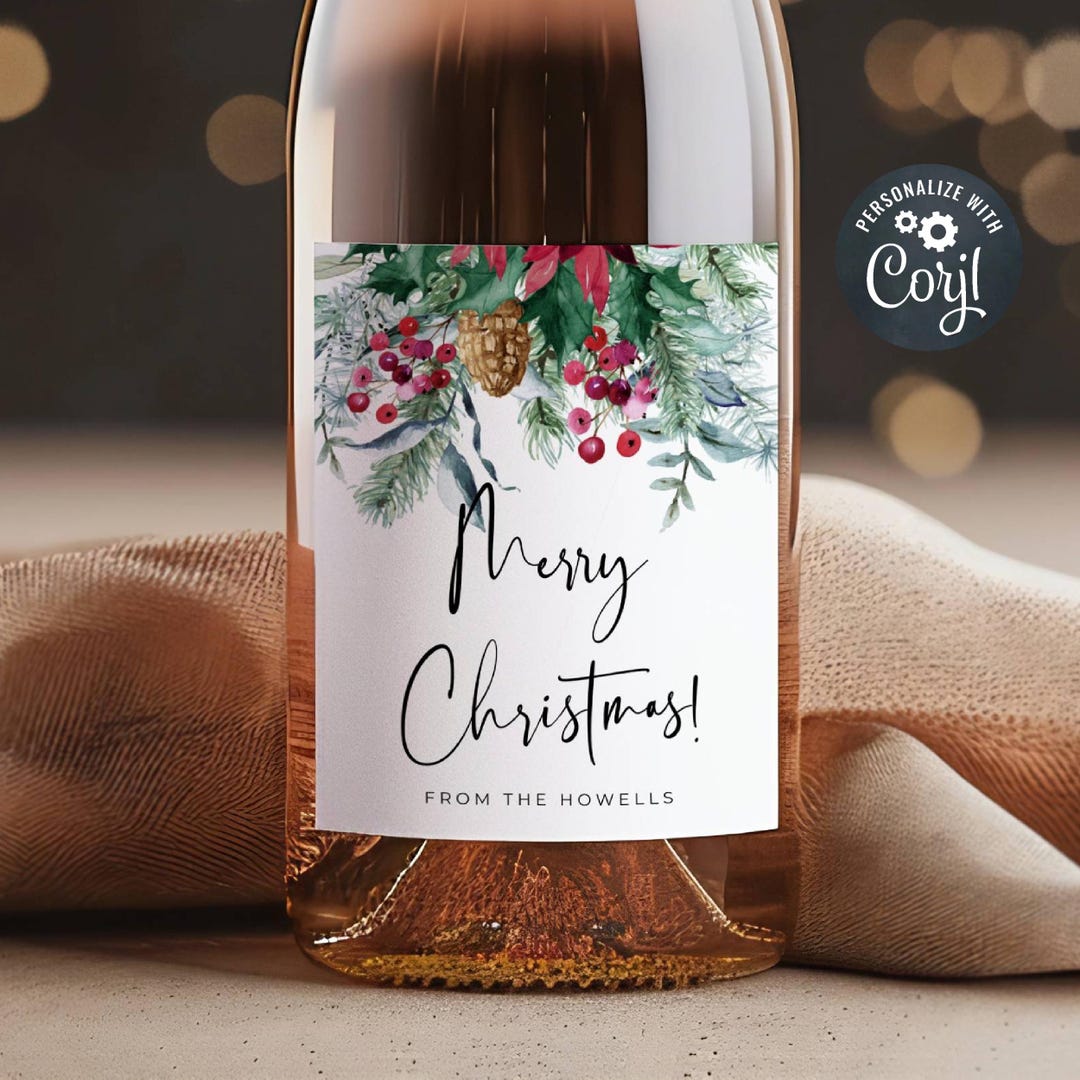 Editable Christmas Wine Bottle Label Template, Printable Holiday Floral ...