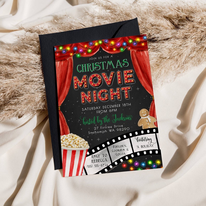 Christmas Movie Night Invitation Template, Printable Holiday Film Night ...
