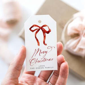Red Ribbon Christmas Gift Tag Template, Printable Classic Bow Holiday ...
