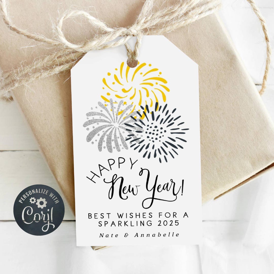 Happy New Year Fireworks Gift Tag Template, Printable Modern New Year's ...