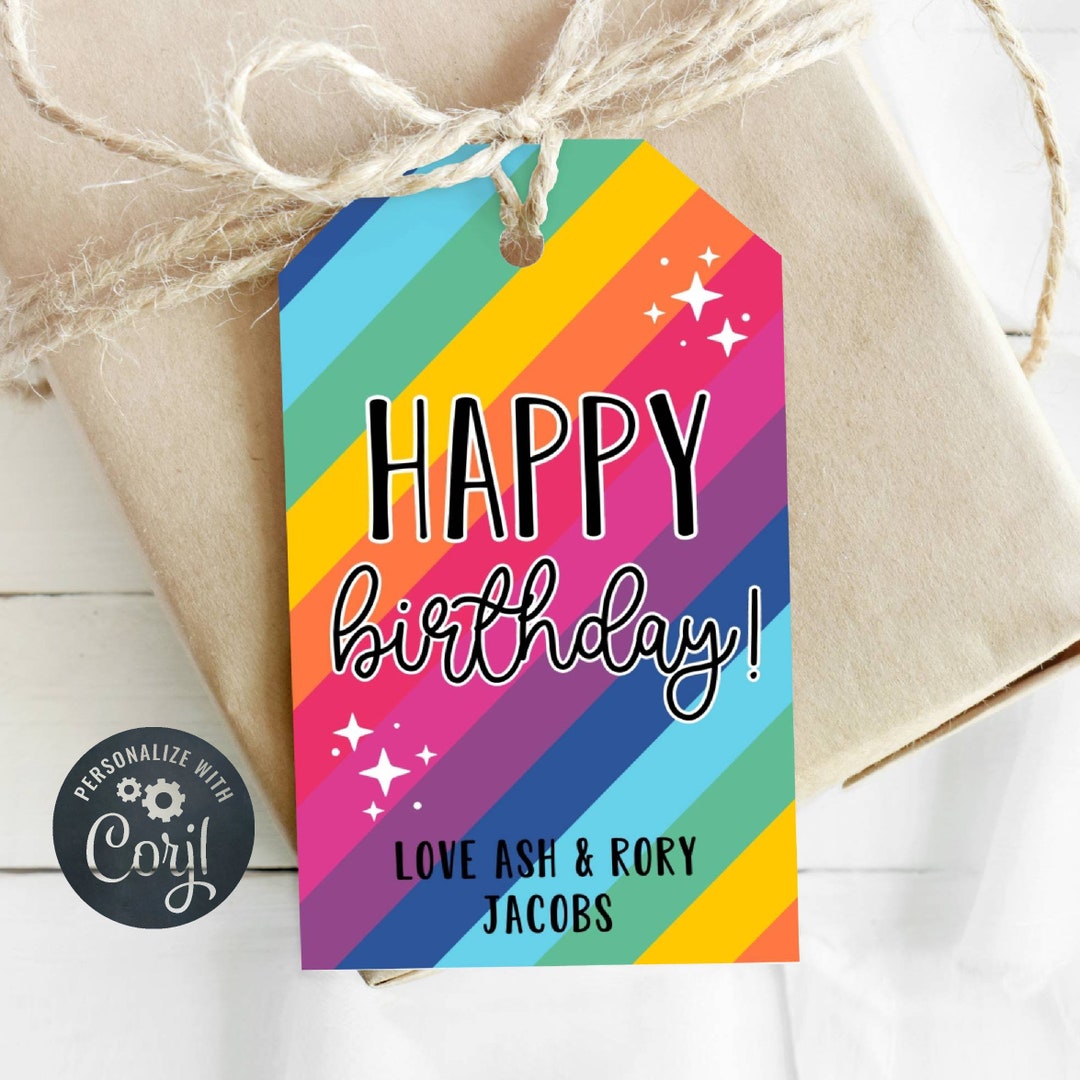 Rainbow Happy Birthday Gift Tag Template, Printable Rainbow Stripes ...