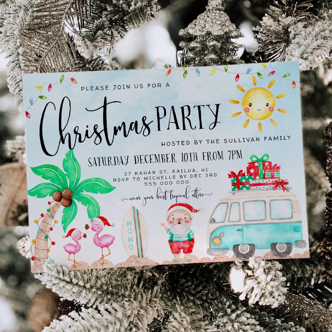 Tropical Christmas Party Invitation Template, Printable Summer Fun ...