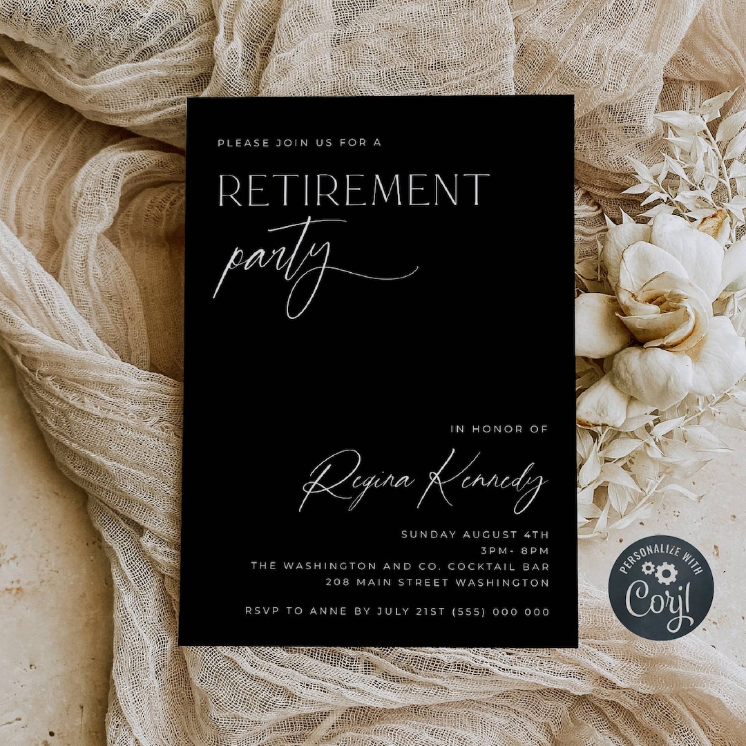Modern Black Retirement Party Invitation Template, Printable Minimalist ...