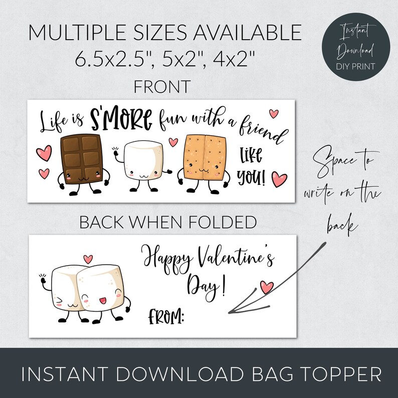 S'mores Valentine's Day Treat Bag Toppers, Printable Valentine Tags, S ...
