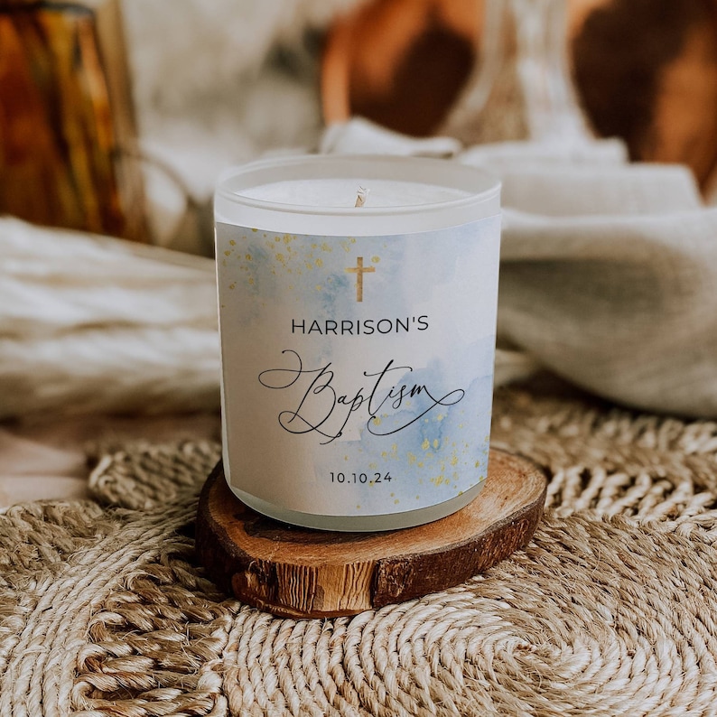 Blue & Gold Baptism Candle Label Template, Printable Watercolor ...