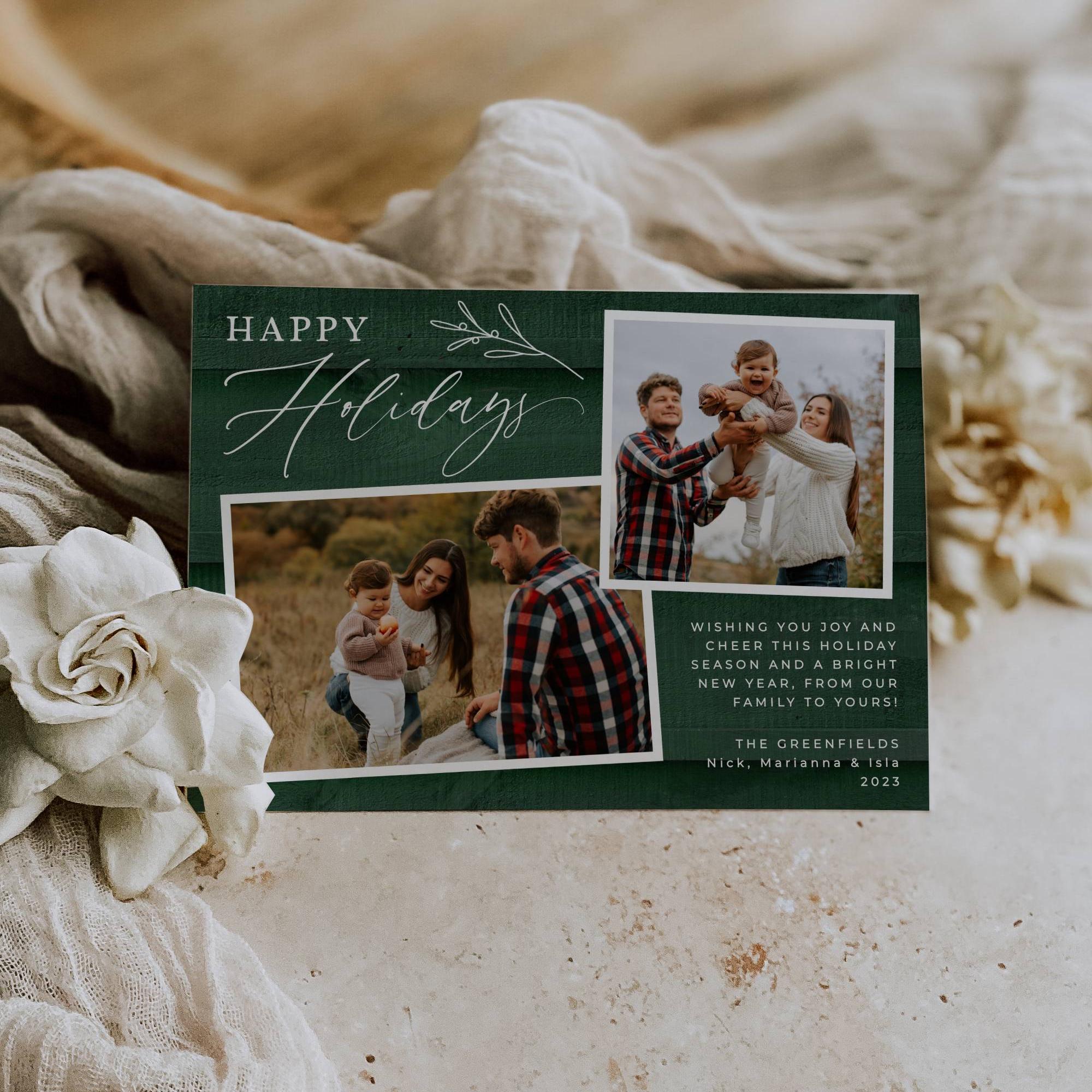 Rustic Wood Photo Holiday Card Template, Printable Farmhouse Christmas ...