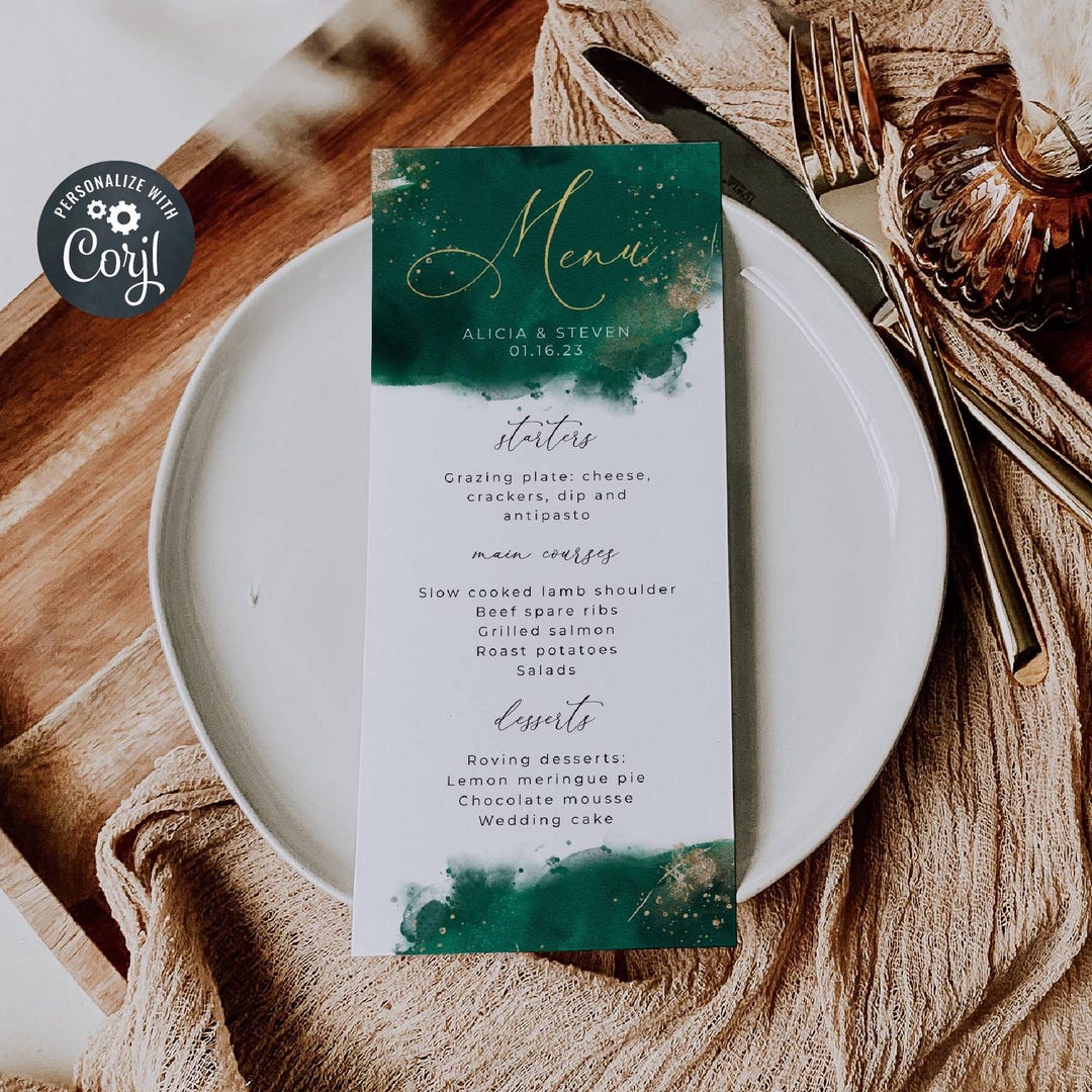 Emerald Watercolor Menu Template, Printable Hunter Green & Gold Wedding ...