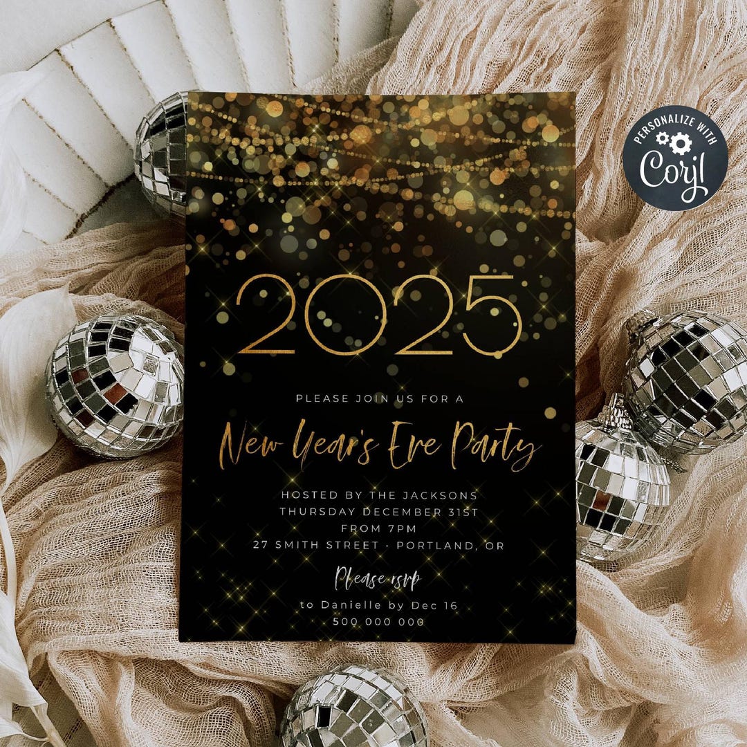 2025 New Year's Eve Party Invitation Template, Printable Gold Lights ...