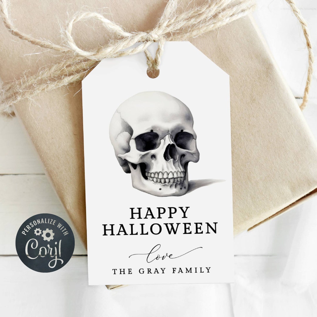 Minimalist Skull Halloween Gift Tag Template, Editable Classic Modern ...