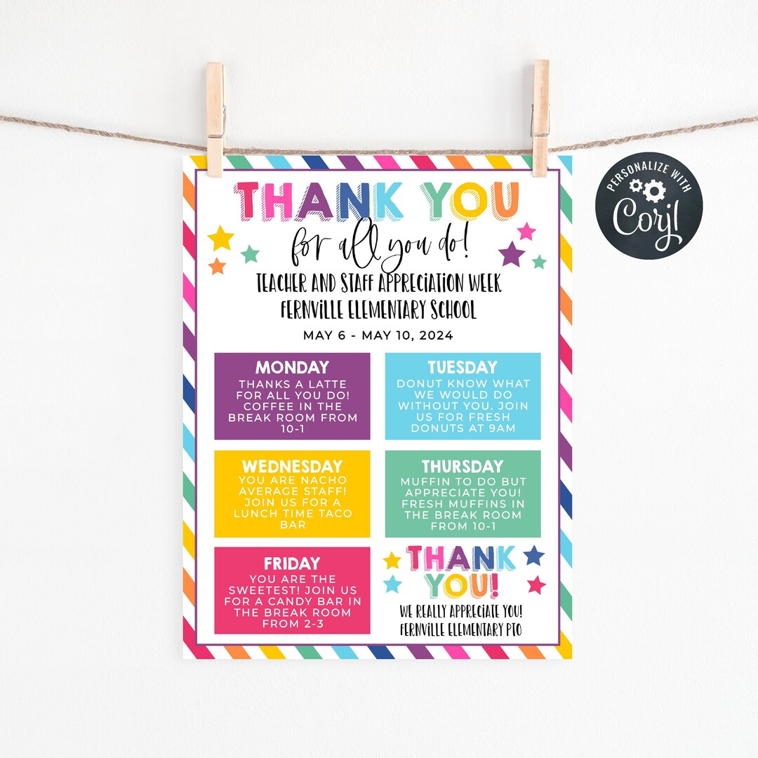 Teacher Appreciation Week Itinerary Flyer Template, Printable Teacher ...