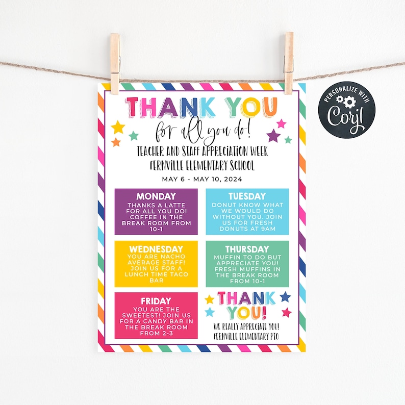 Teacher Appreciation Week Itinerary Flyer Template, Printable Teacher ...