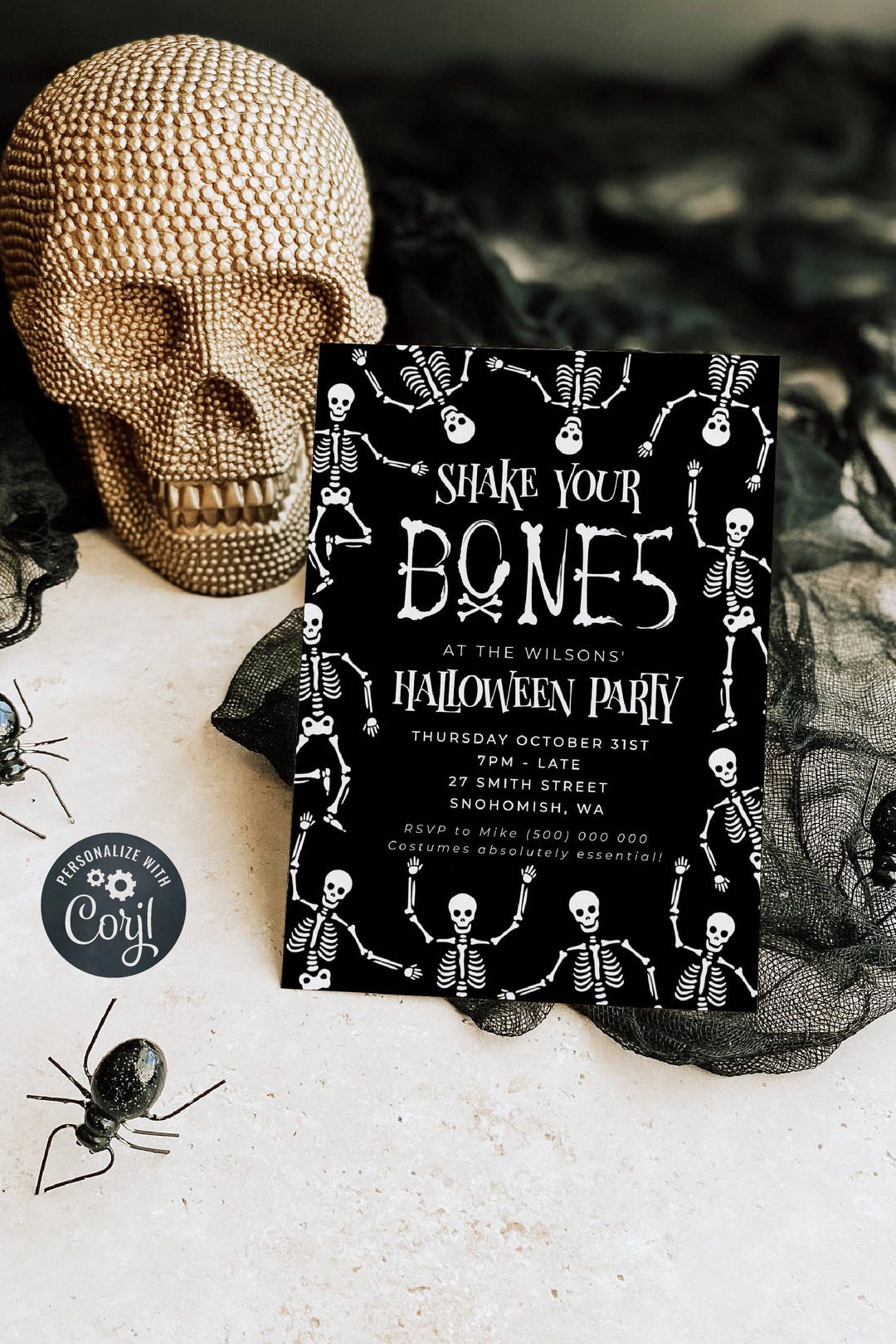 Dancing Skeletons Halloween Party Invitation Template, Printable Shake ...