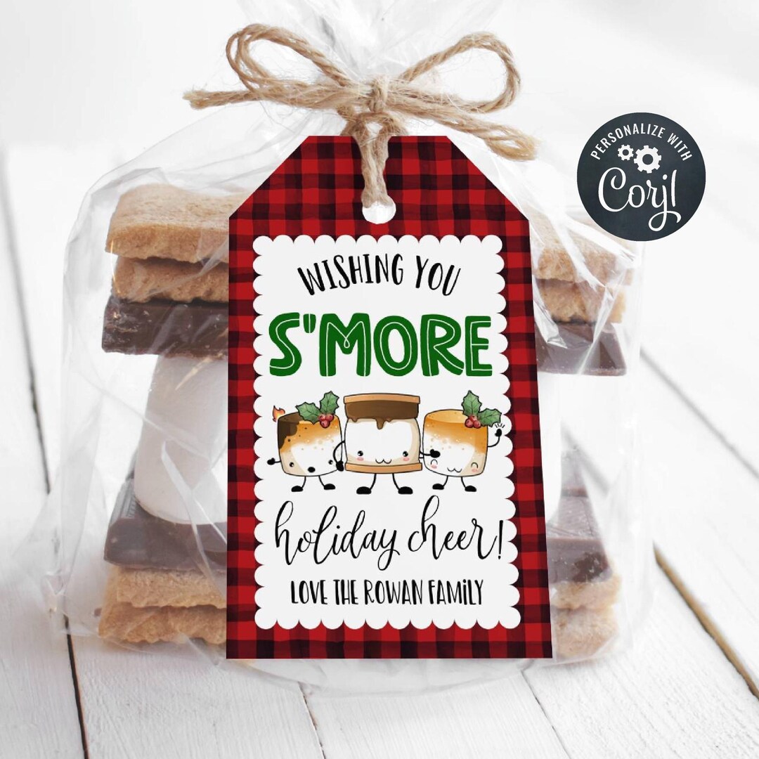 S'mores Christmas Gift Tag Template, Printable Plaid Holiday Favor Tag ...