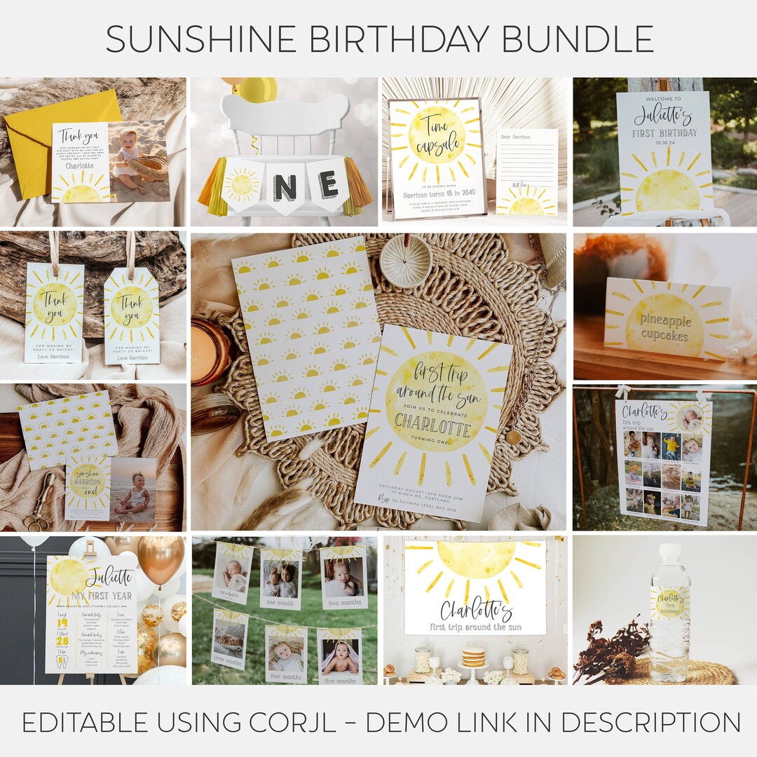 Sunshine Birthday Template Bundle, Printable First Trip Around the Sun ...