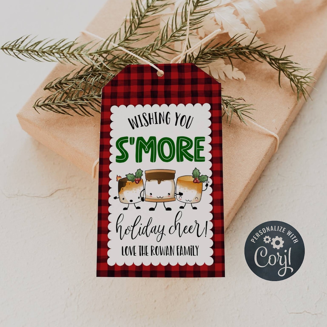 S'mores Christmas Gift Tag Template, Printable Plaid Holiday Favor Tag ...